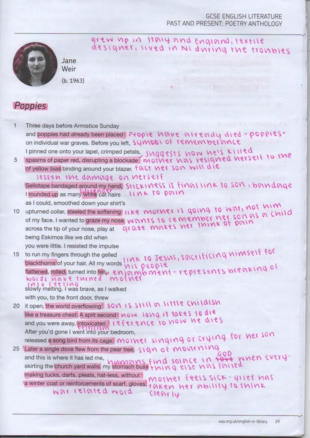 Poppies Poem Analysis and Annotations PDF for GCSE English Literature ...