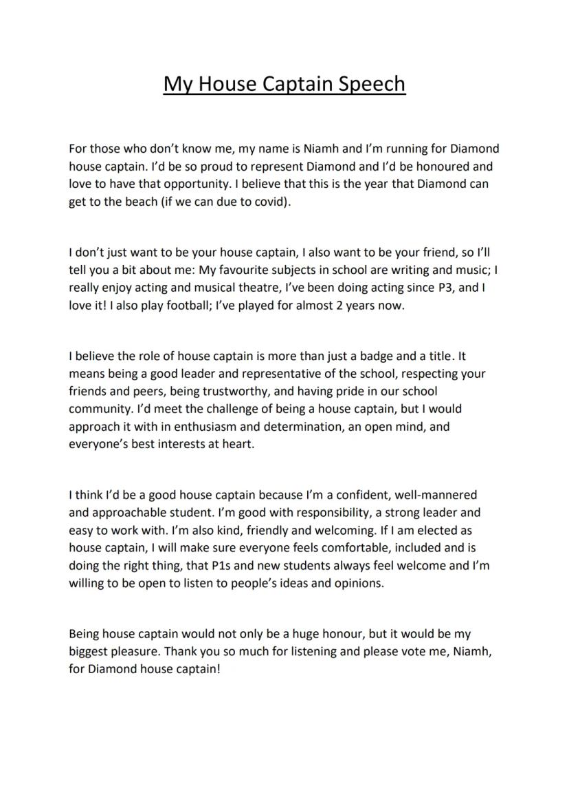 Funny and Short Winning House Captain Speech Example for Primary School ...